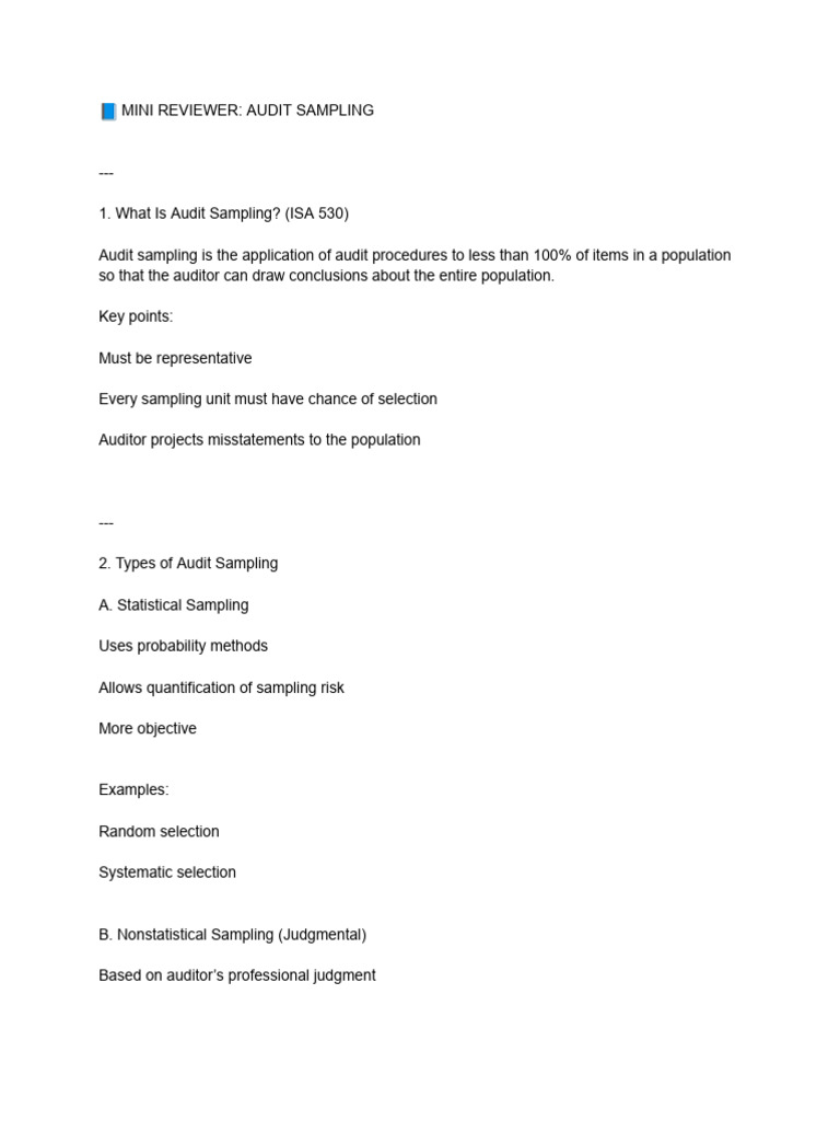 MINI REVIEWER- AUDIT SAMPLING | PDF | Sampling (Statistics) | Audit