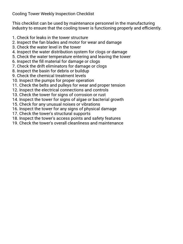 Cooling Tower Weekly Inspection Checklist | PDF