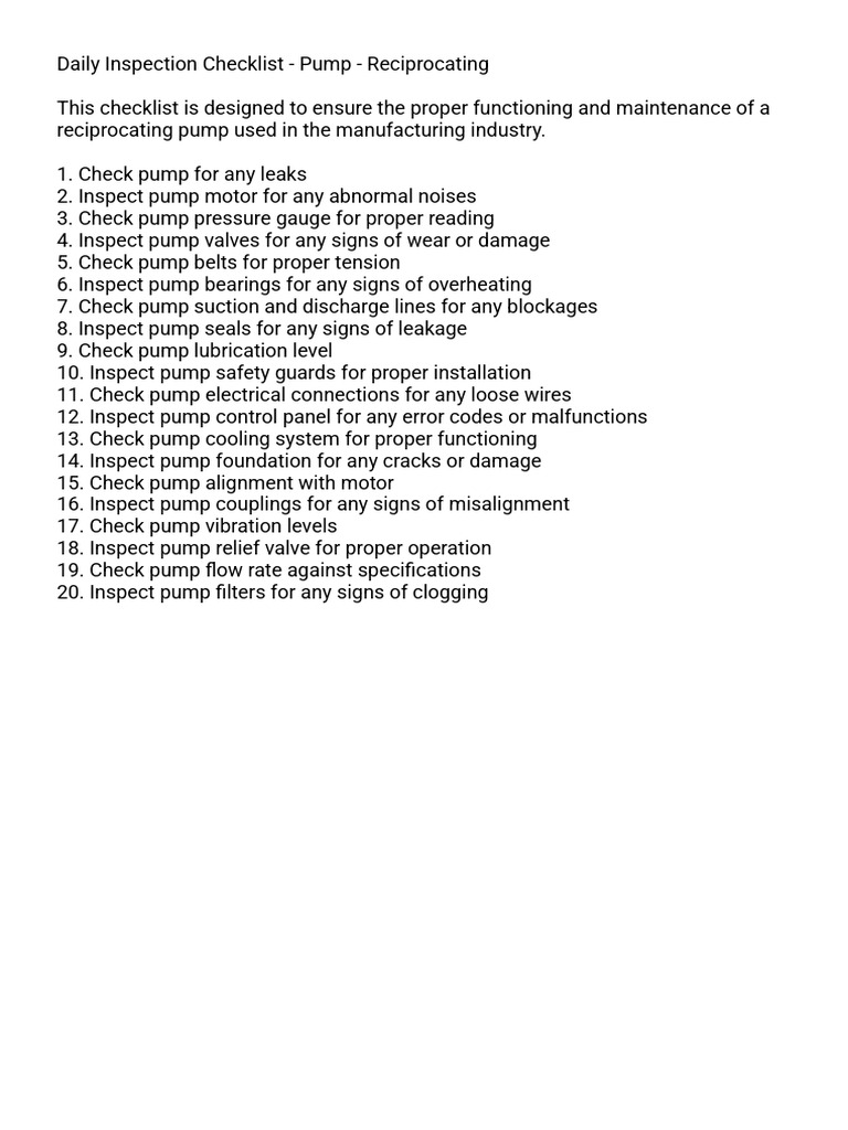 Reciprocating Pump Daily Checklist | PDF
