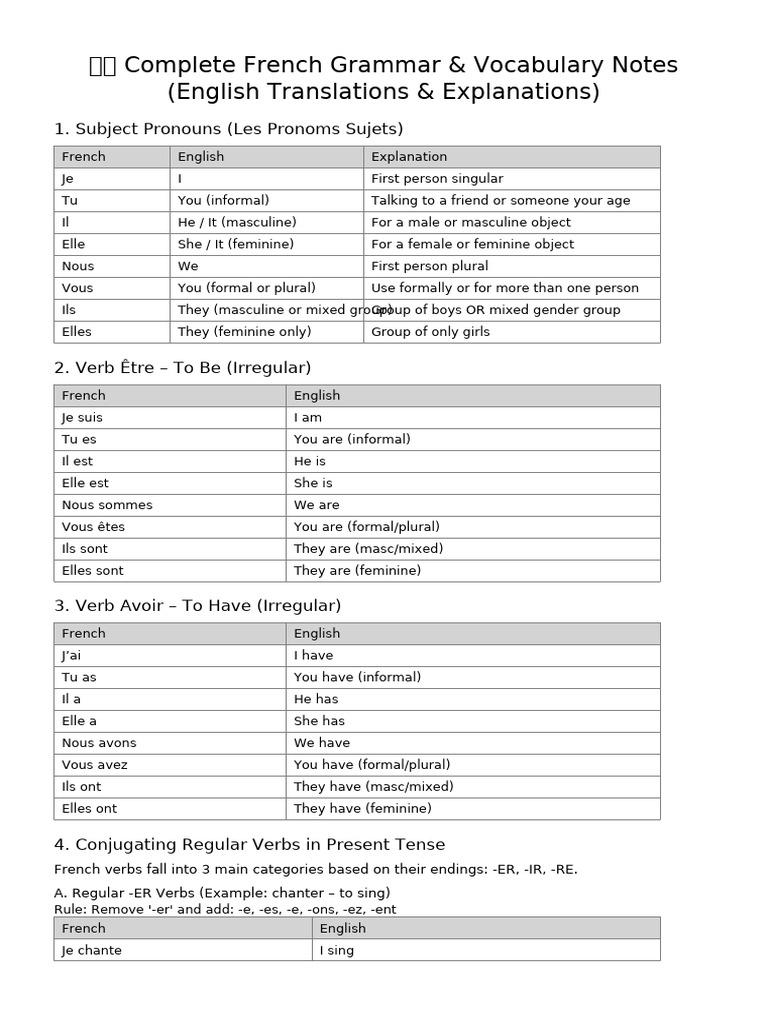 French Grammar & Vocabulary Guide | PDF | Grammatical Gender | English ...