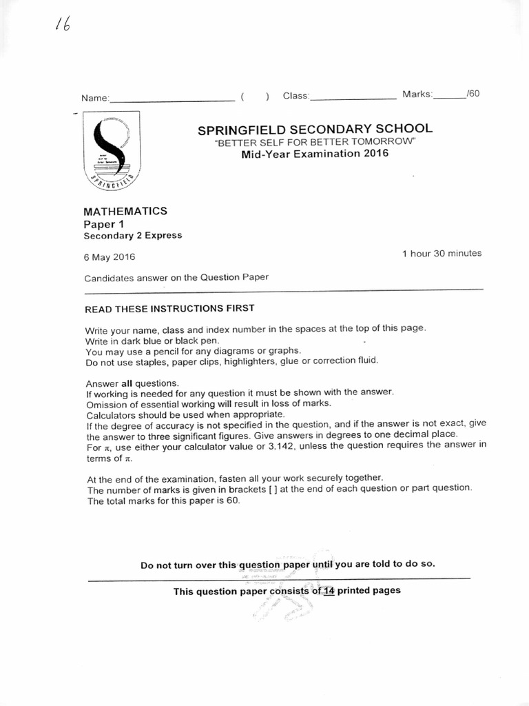 2016 Sec 2 Express Maths SA1 Springfield Secondary School | PDF
