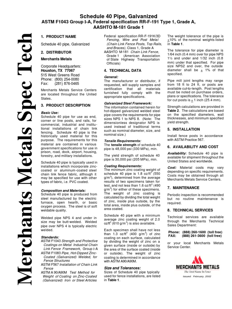 Schedule 40 Pipe, Galvanized: ASTM F1043 Group I-A, Federal ...