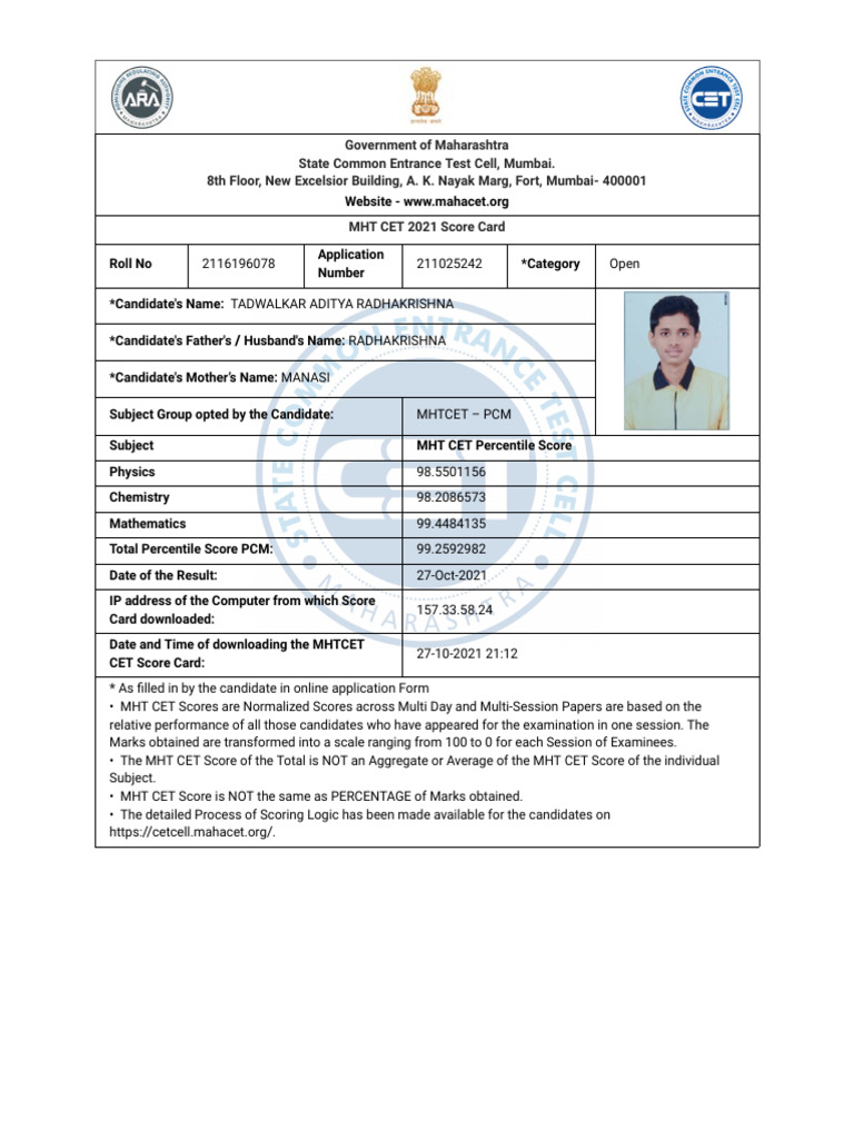 MHT CET 2021 Score Card Details | PDF