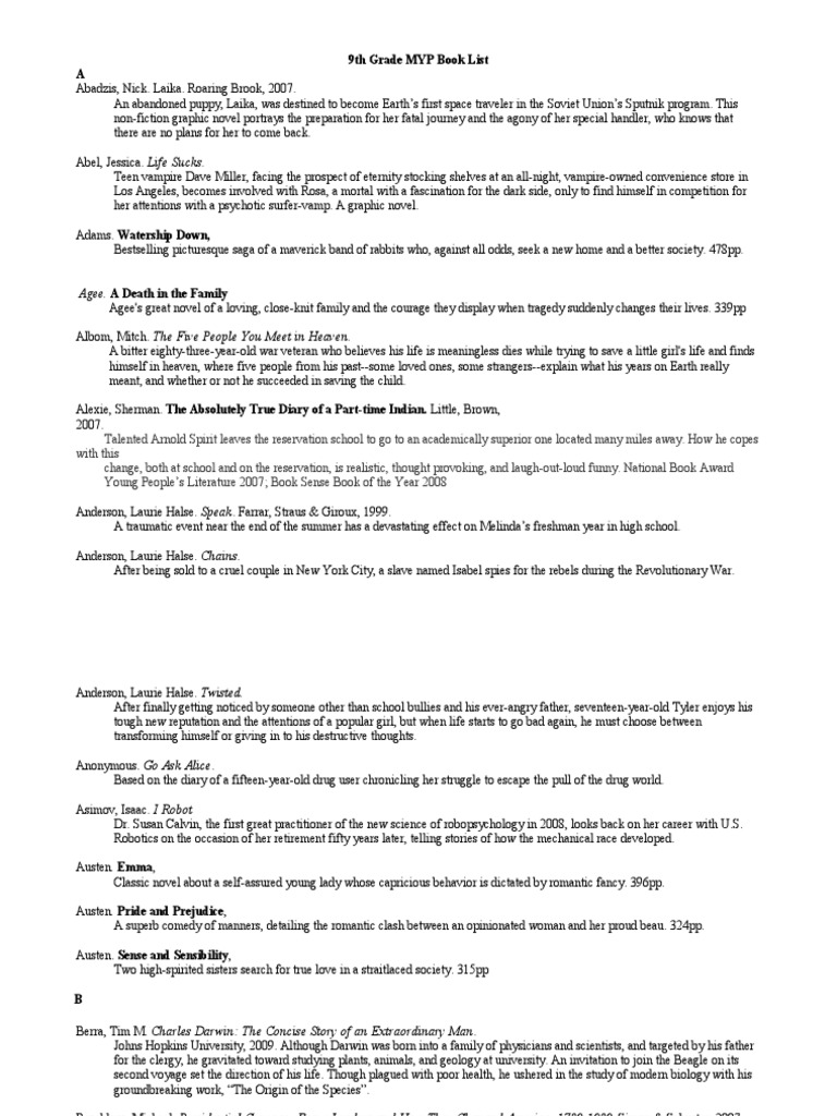 9th Grade MYP Book List Revised | PDF | Pygmalion (Play) | The Hunger Games