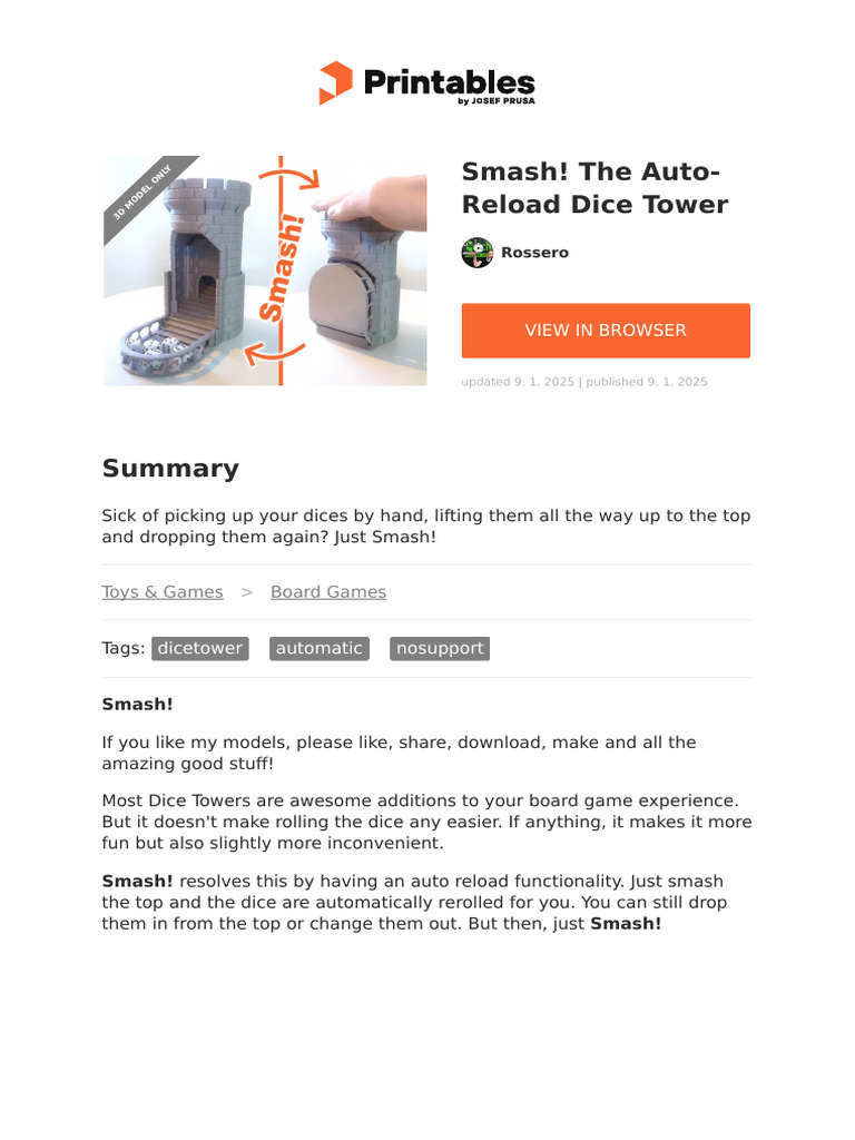 Smash! Auto-Reload Dice Tower Design | PDF