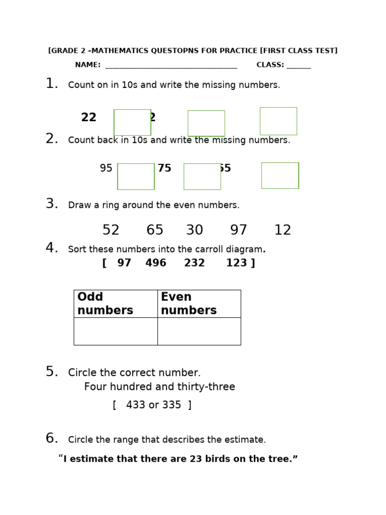 Math Practice Paper - Class Test 1 | PDF