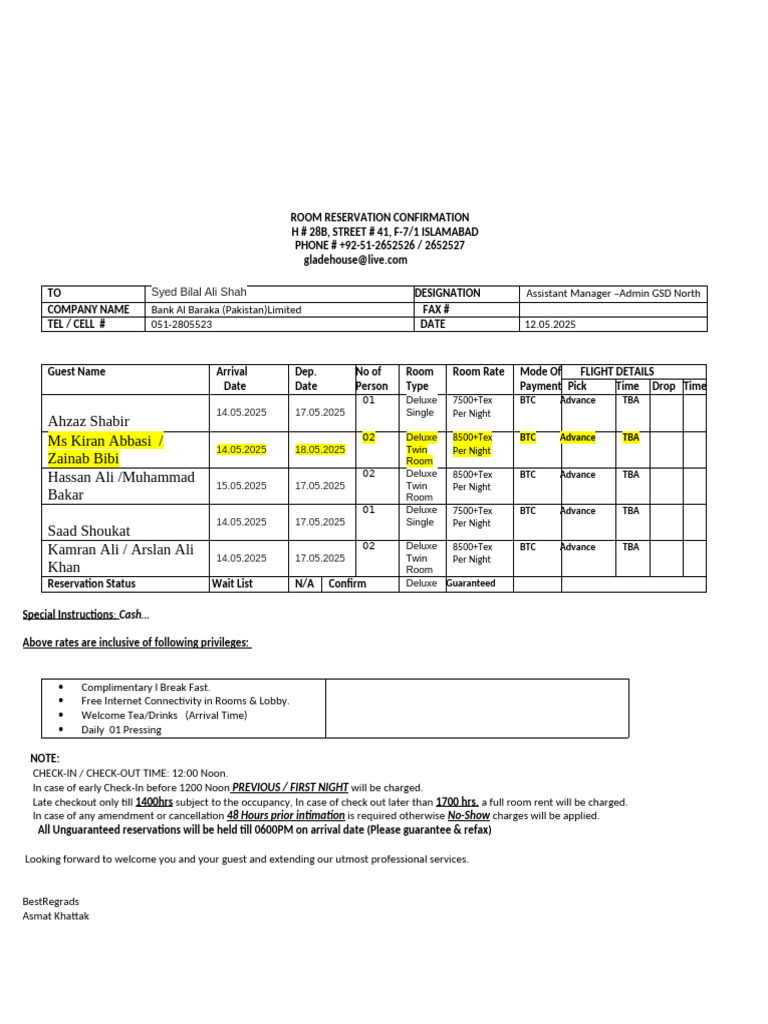 Room Reservation Confirmation Details | PDF