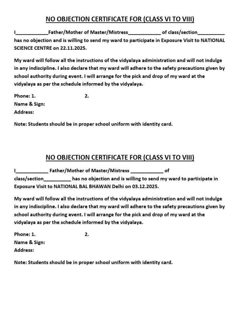 No Objection Certificate For Class Vi-Viii | PDF
