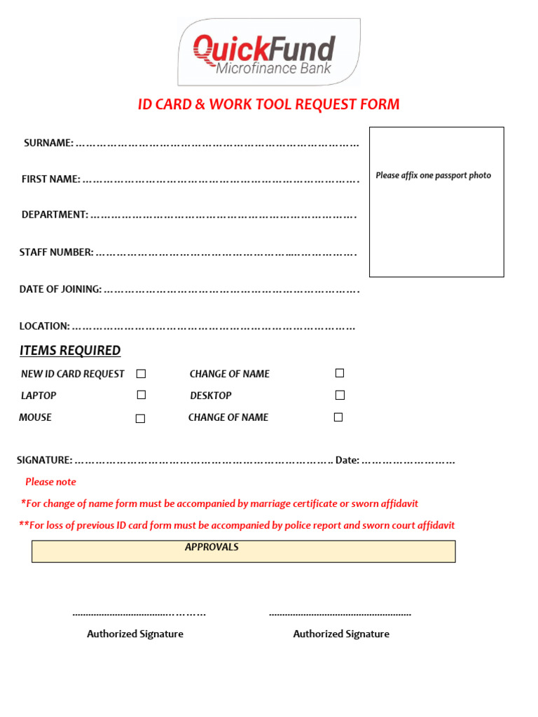 HR Id Card & Work Tool Request Form | PDF