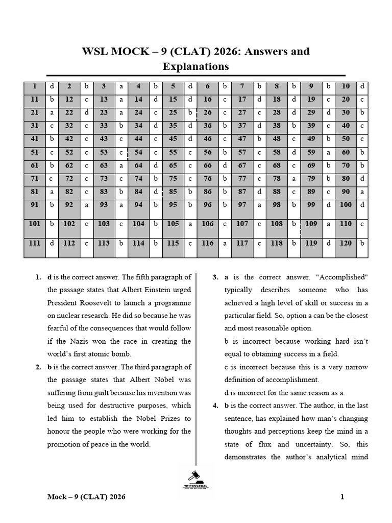 CLAT 2026 Mock Test 9 Answers & Explanations | PDF | Habeas Corpus ...