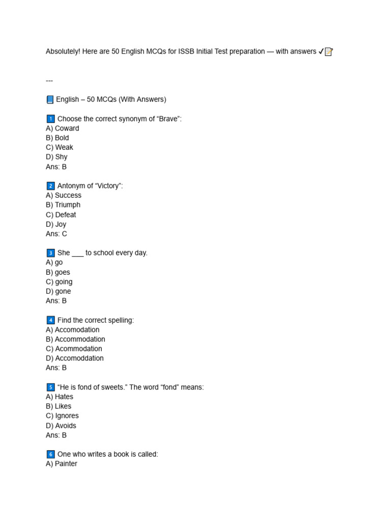 50 English MCQs for ISSB Test Prep | PDF | Multiple Choice | Languages ...