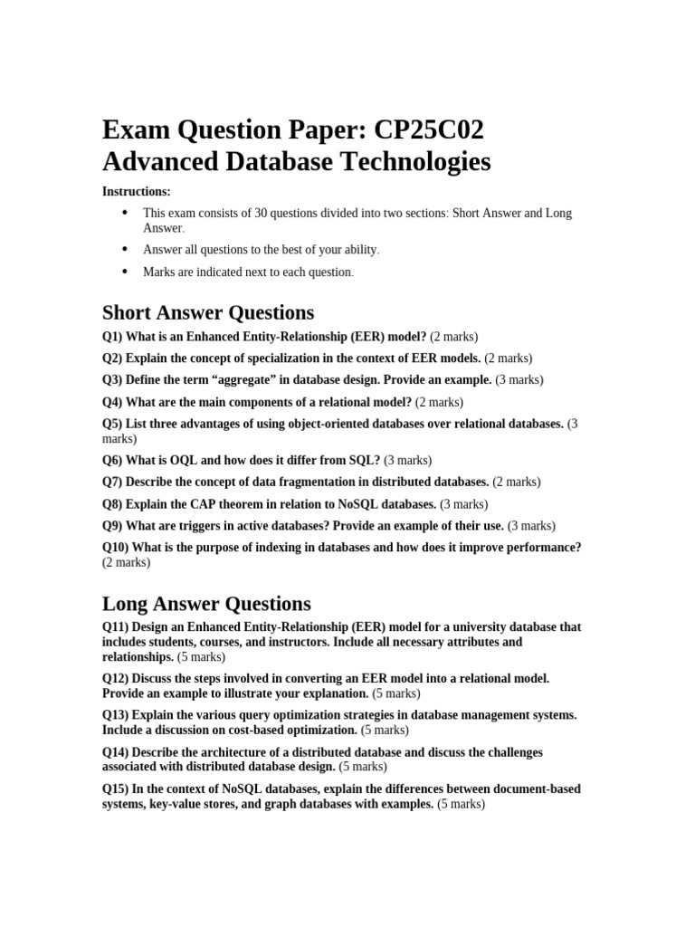Quiz Worksheet Generator-Advanced Database Technologies Exam_ CP25C02 ...