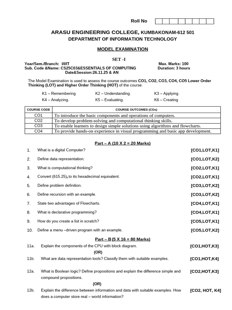 Eoc Model Exam I QP | PDF | Computer Programming | Computing