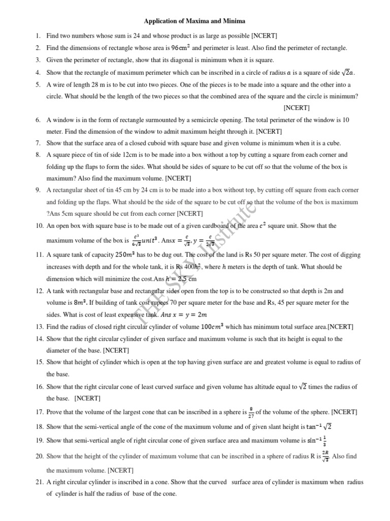 Word Problems Maxima And Minima 2025 Pdf Area Sphere