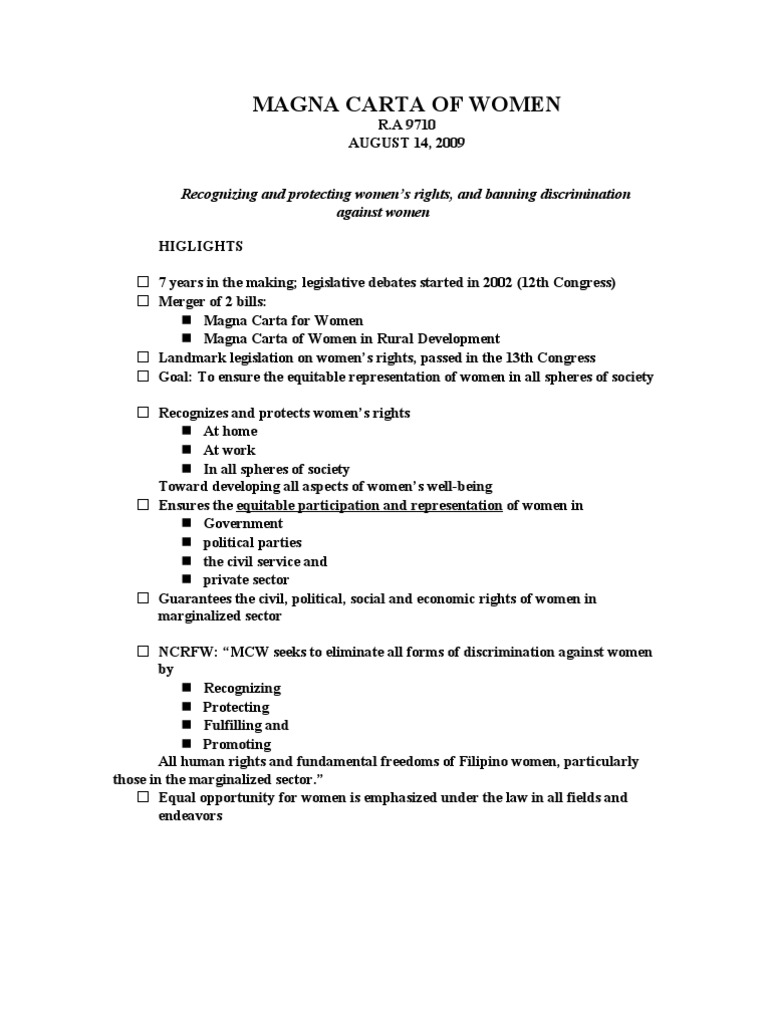 Magna Carta of Women: Recognizing and Protecting Women's Rights, and Banning Discrimination ...