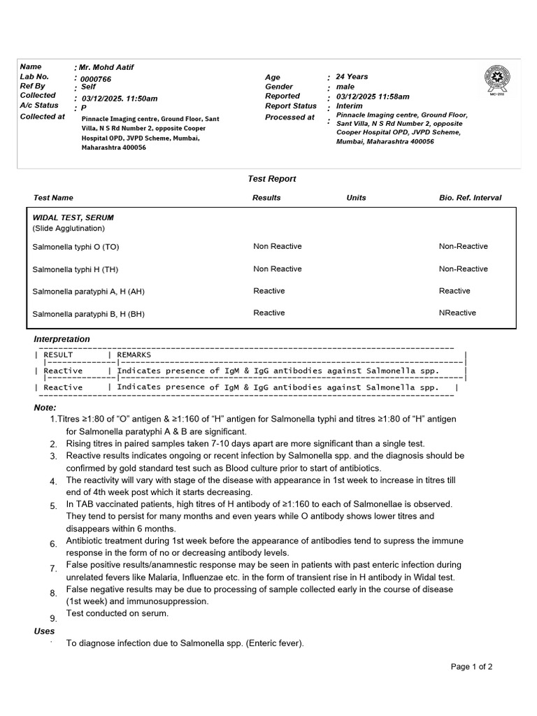 Widal Test Results for Salmonella Infection | PDF | Medical Laboratory ...