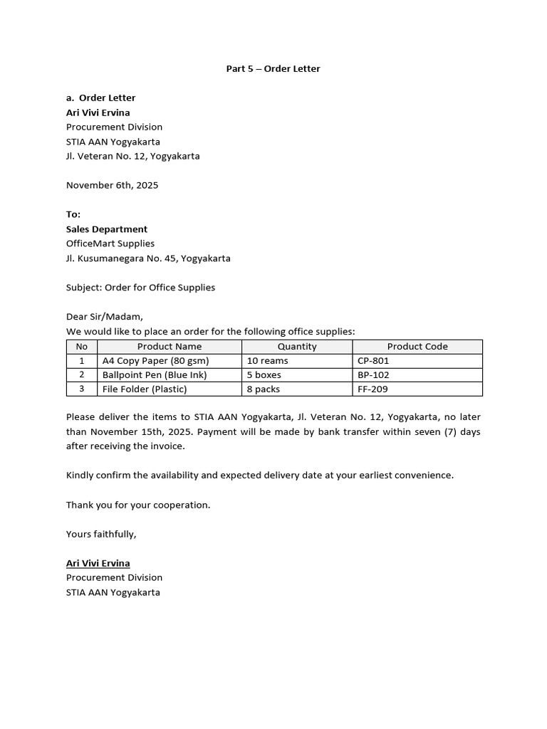 Part 5 - Order Letter | PDF