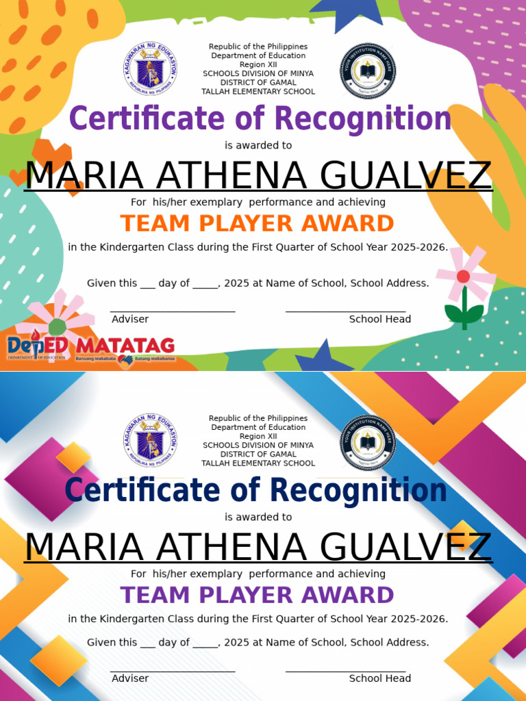 Kindergarten Awards for Maria Athena Gualvez | PDF | Social ...