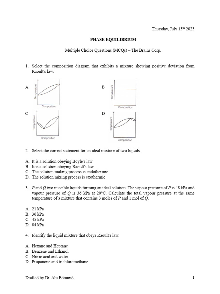 Phase Equilibrium Q&A - Dr. Abi Edmund | PDF | Phase (Matter) | Distillation