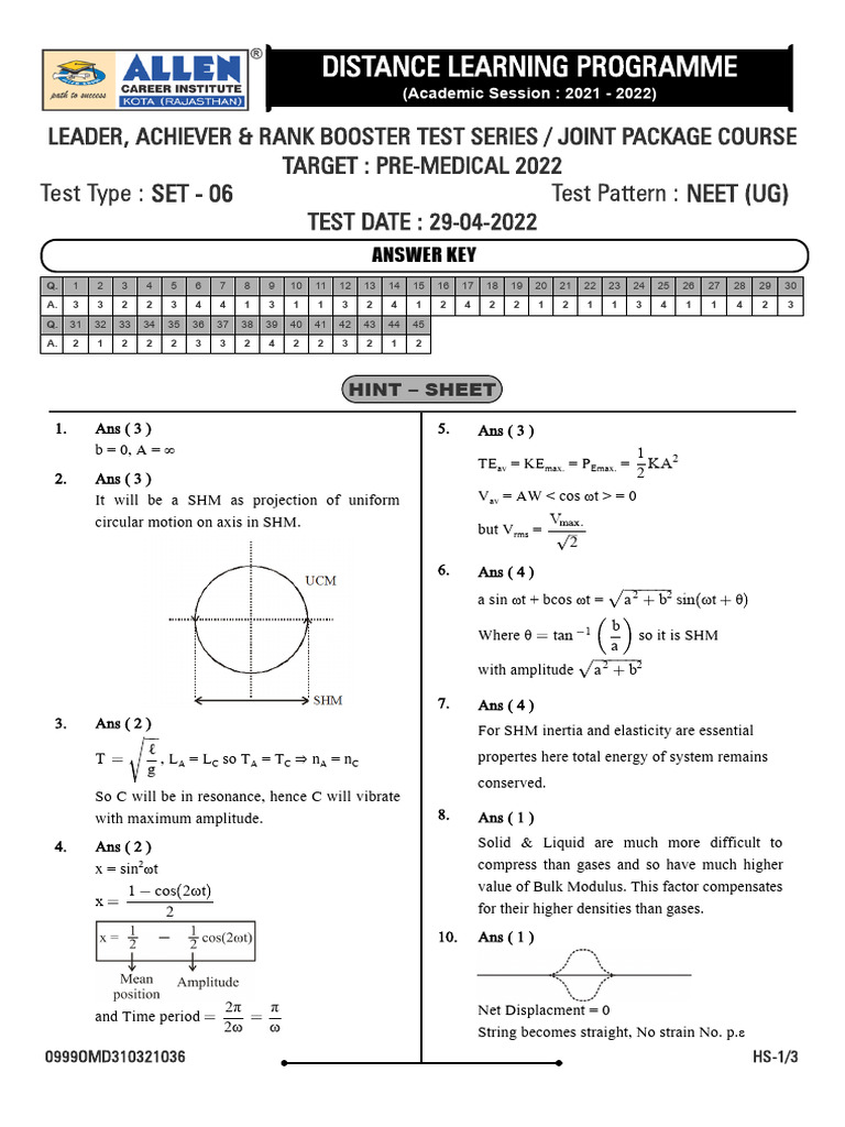 Allen Rank Booster Test Set 06 Paper Solution | PDF | Resonance ...