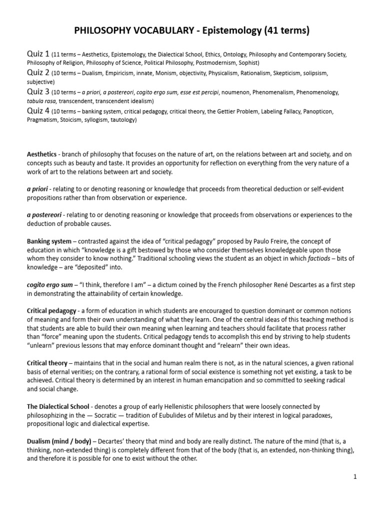 Philosophy Vocabulary List | PDF | Knowledge | Epistemology