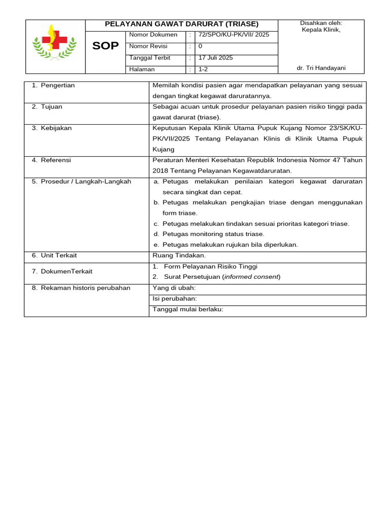 SOP Pelayanan Gawat Darurat (Triase) | PDF