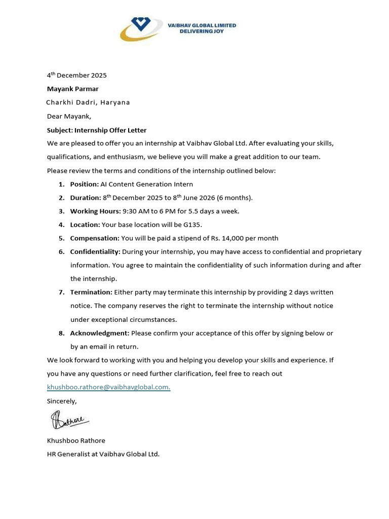Internship Offer Letter - Mayank Parmar | PDF