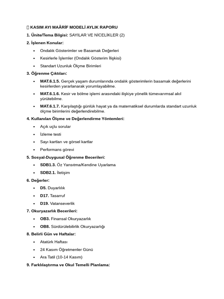 Kasim Ayi Maâri̇f Modeli̇ Aylik Raporu | PDF