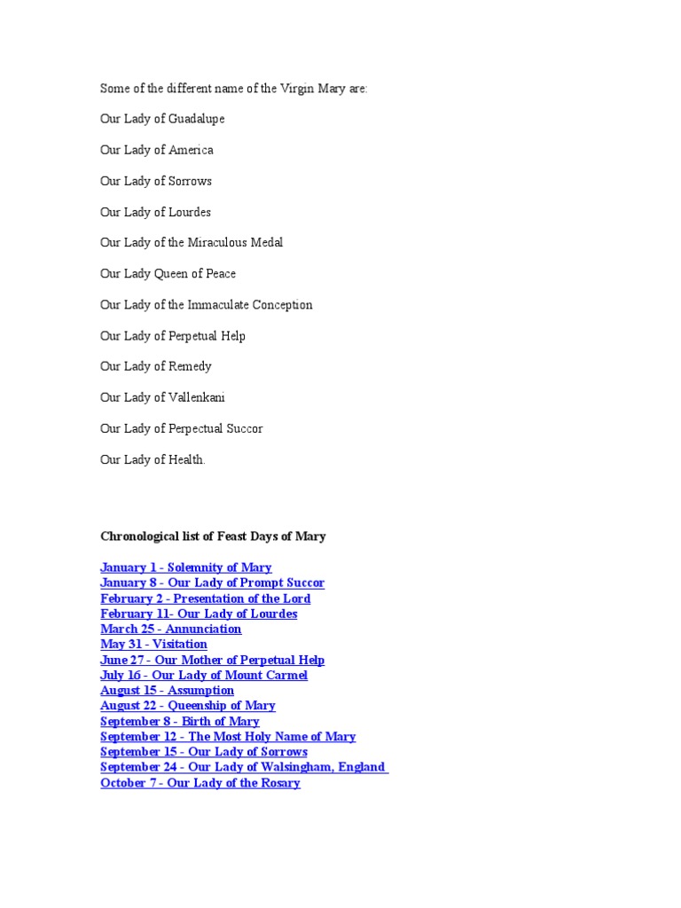 Names Of The Virgin Mary And Feasts Pdf Social Science