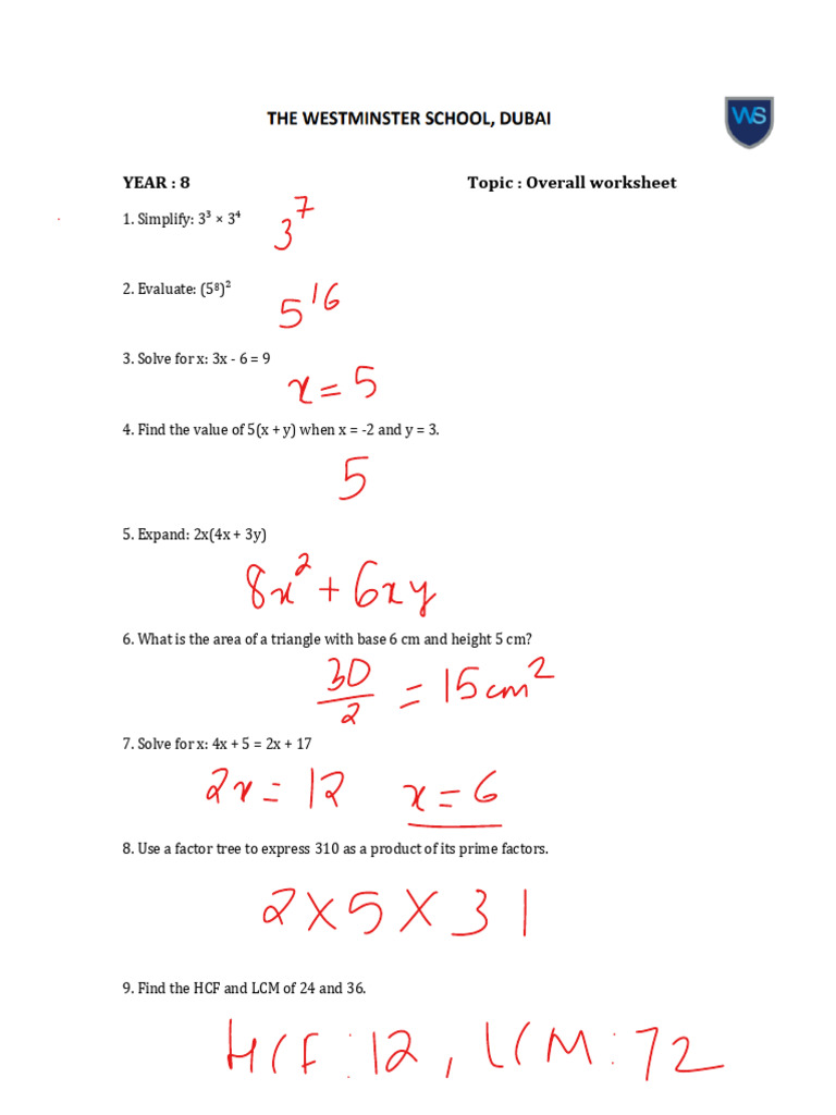 Year 8 Math Worksheet Solutions | PDF