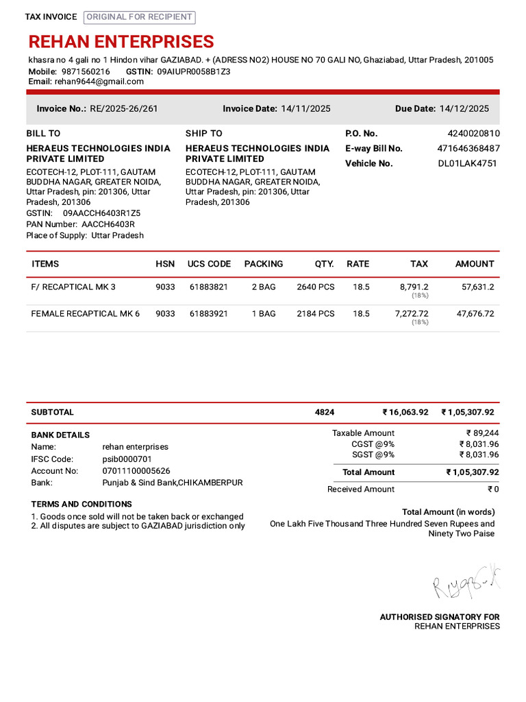 Tax Invoice for Heraeus Technologies | PDF | Public Finance | Taxation