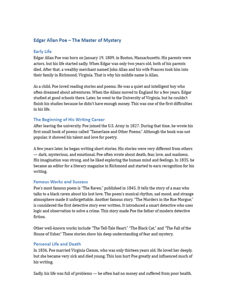 Edgar Allan Poe Biography B1 | PDF | Edgar Allan Poe