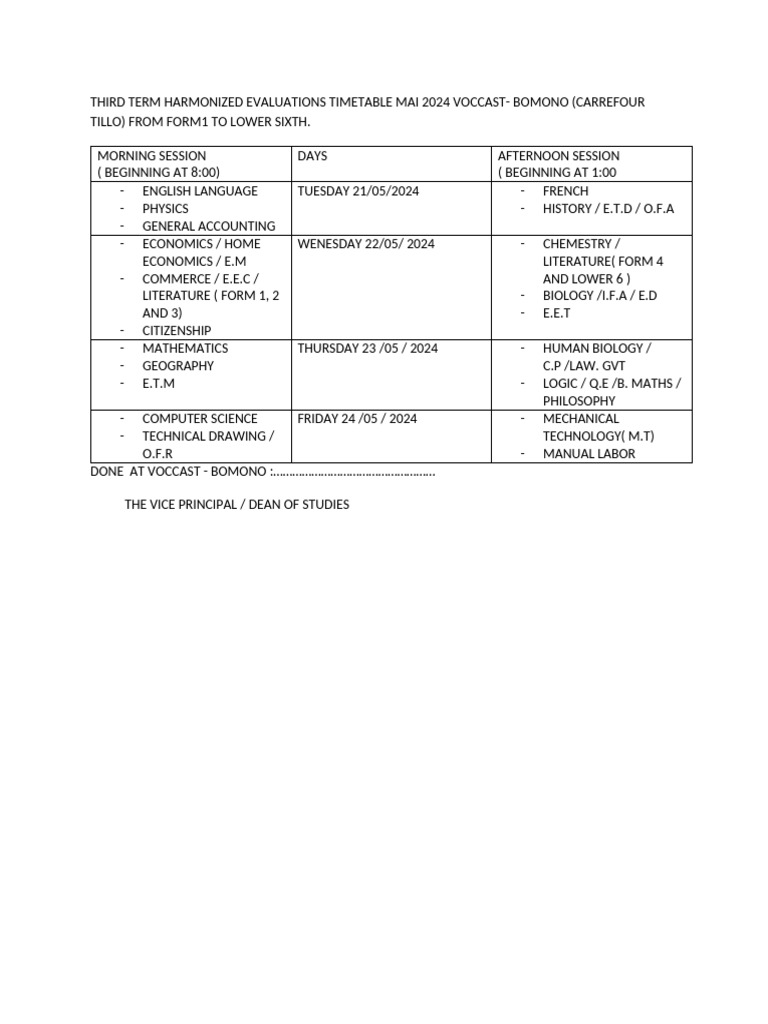 Third Term Harmonized Evaluations Timetable Mai 2024 Voccast | PDF