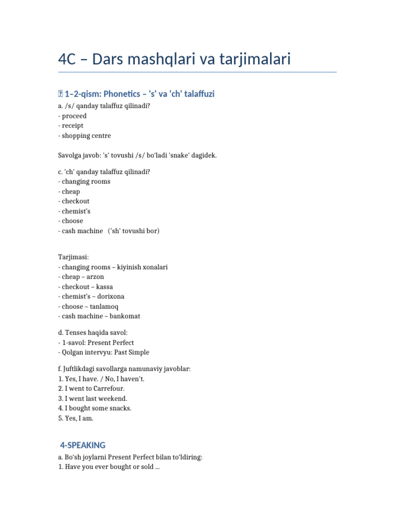 4C Dars Mashqlari Va Tarjimalari | PDF