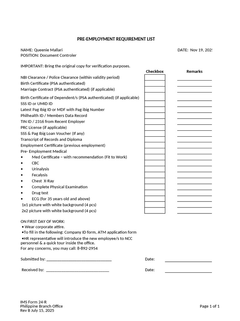 Pre Employment Requirements - f97d9359 51bf 40ad 9ca2 96774118e1ca | PDF