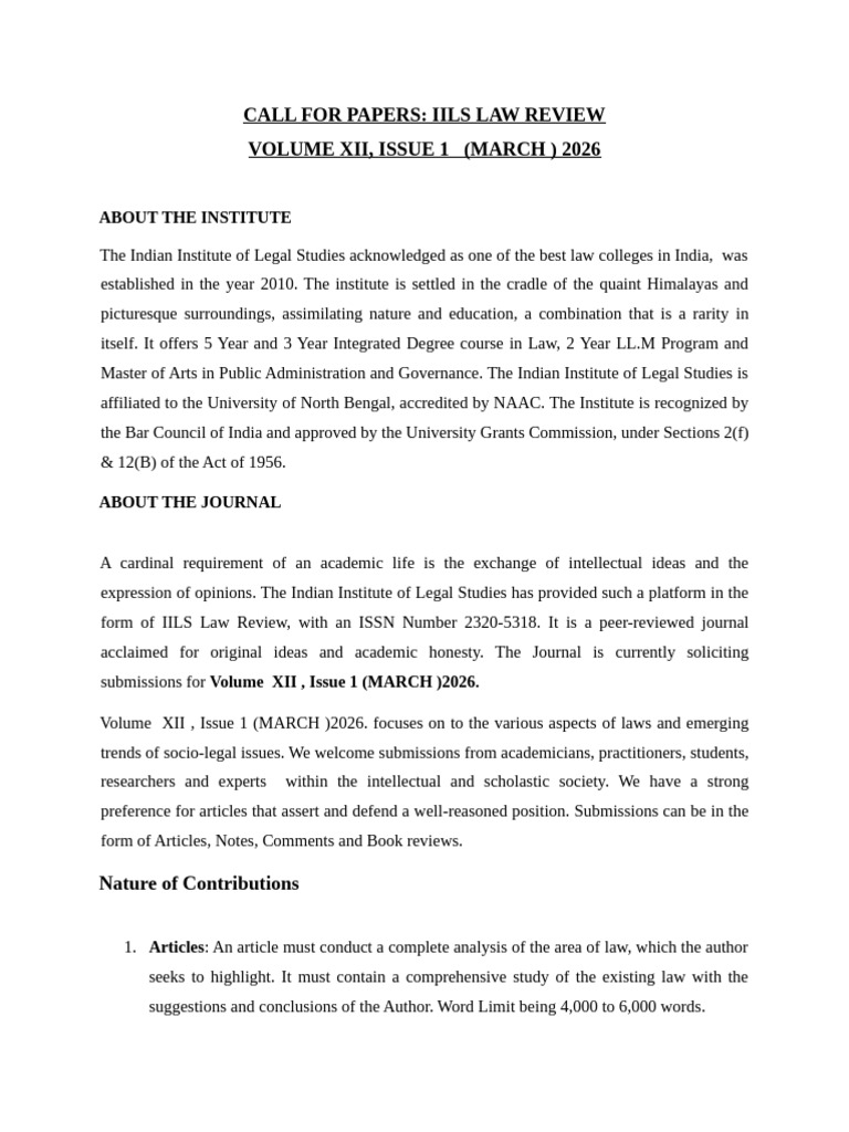 Call for Papers: IILS Law Review 2026 | PDF | Plagiarism | Citation