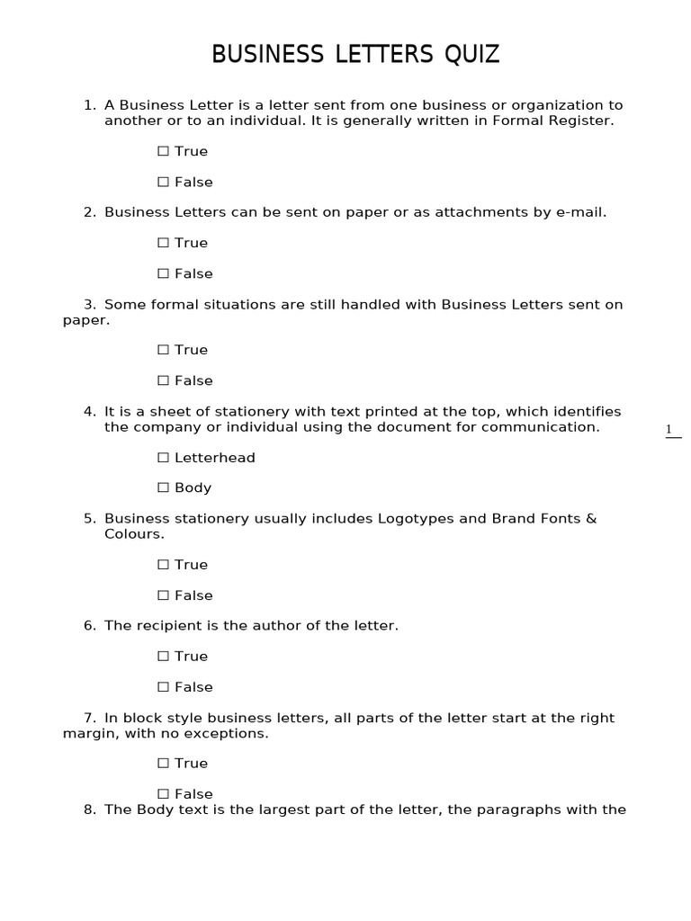 Business Letters Quiz and Answers | PDF | Madam | Written Communication