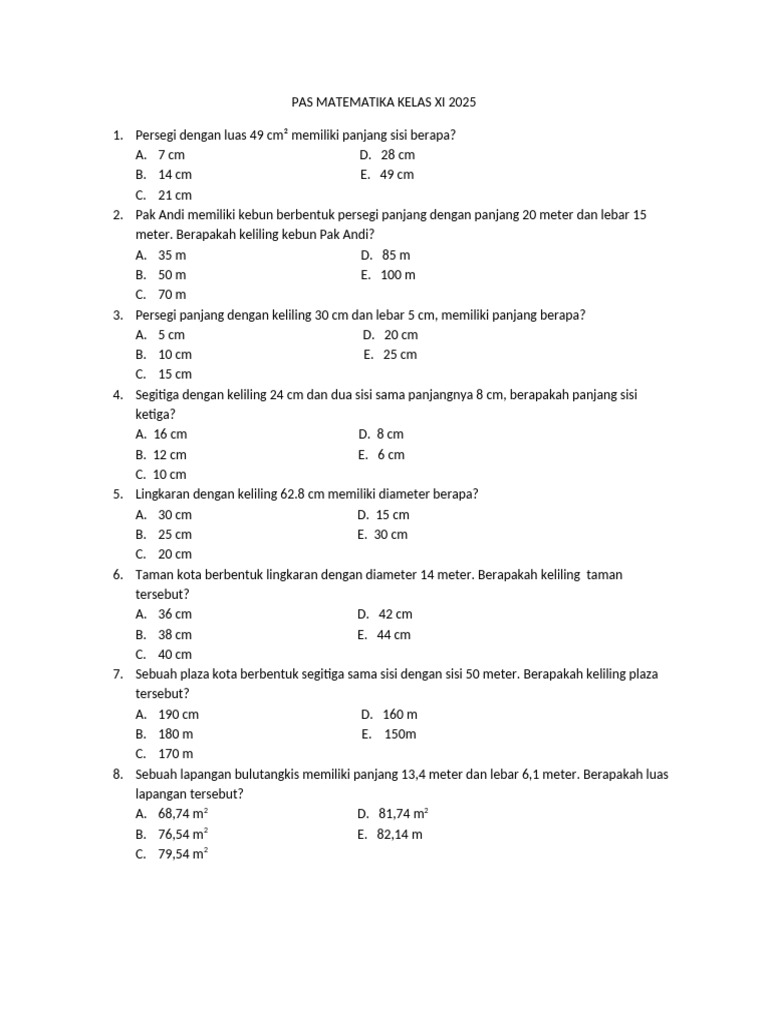 Pas Matematika Kelas Xi 2025 (1) | PDF