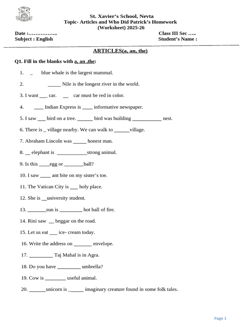 Class 3 - Articles and Patrick Worksheet - Answer Key | PDF | Chess Theory