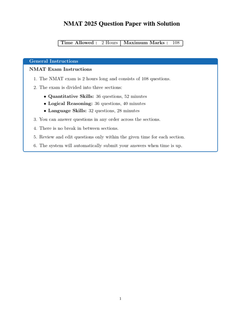 NMAT Question Paper 2025 | PDF | Question | Chess Theory