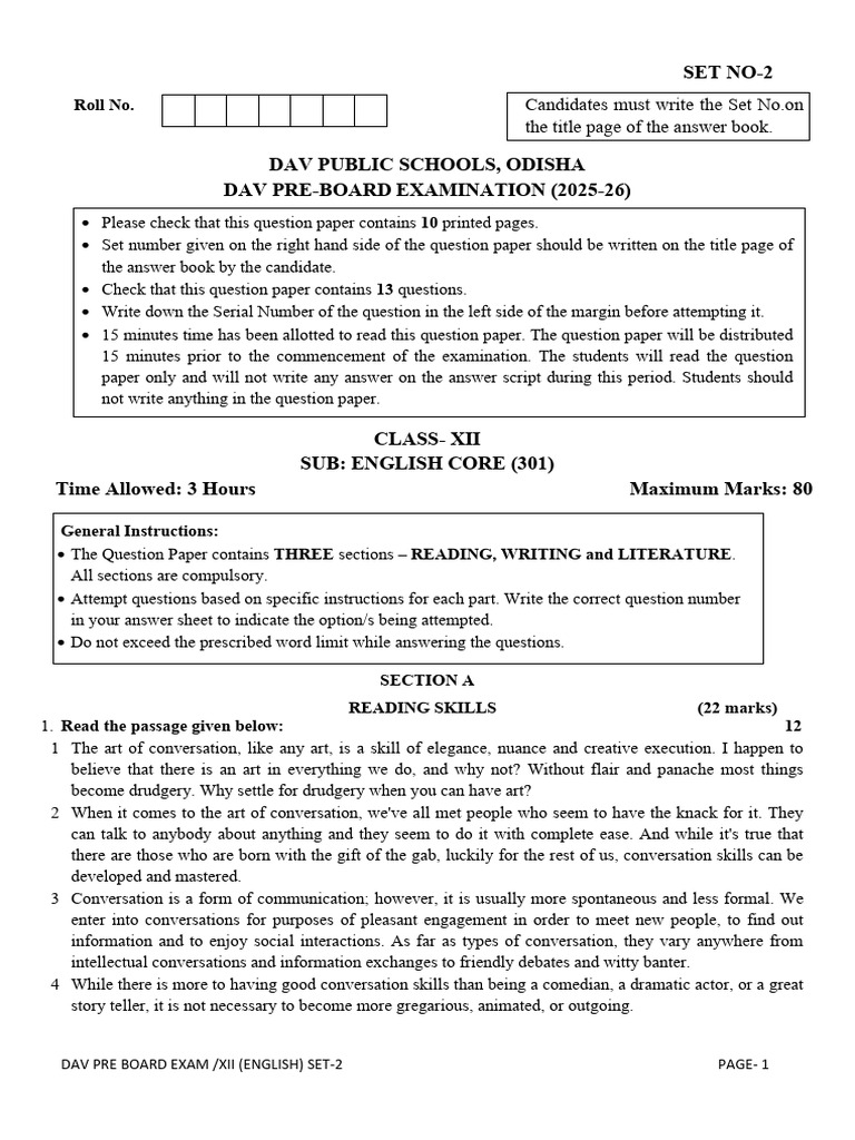 Set-2 QP English Dav Pre-Board Exam Xii-2025-26 | PDF | Educational Technology | Conversation