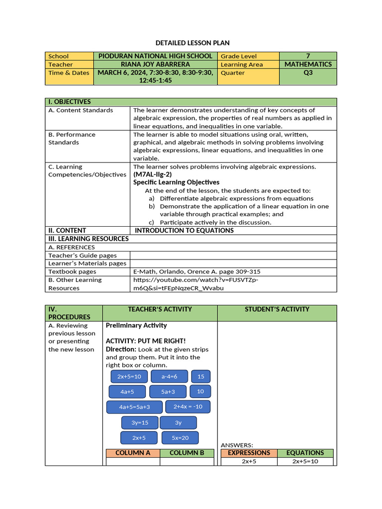 LESSON PLAN Introduction To Equations | PDF | Equations | Learning