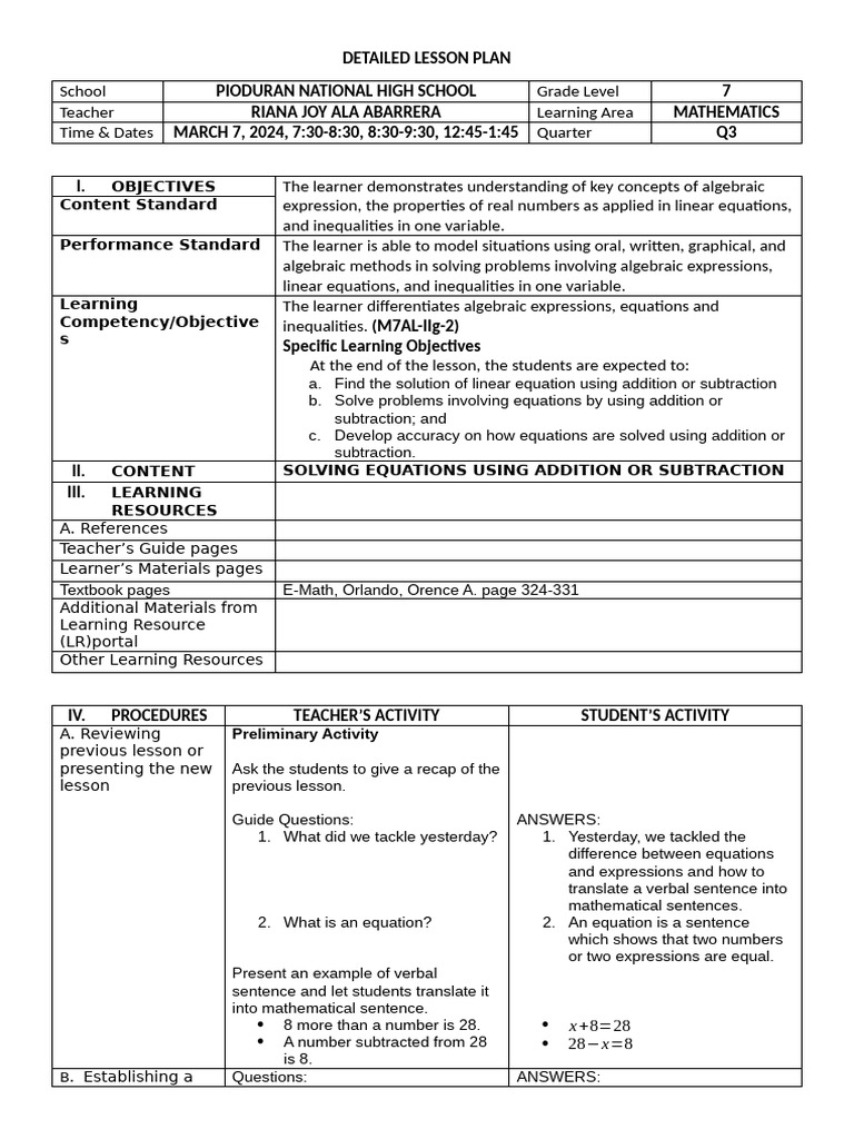 7th Grade Algebra Lesson Plan | PDF | Equations | Algebra