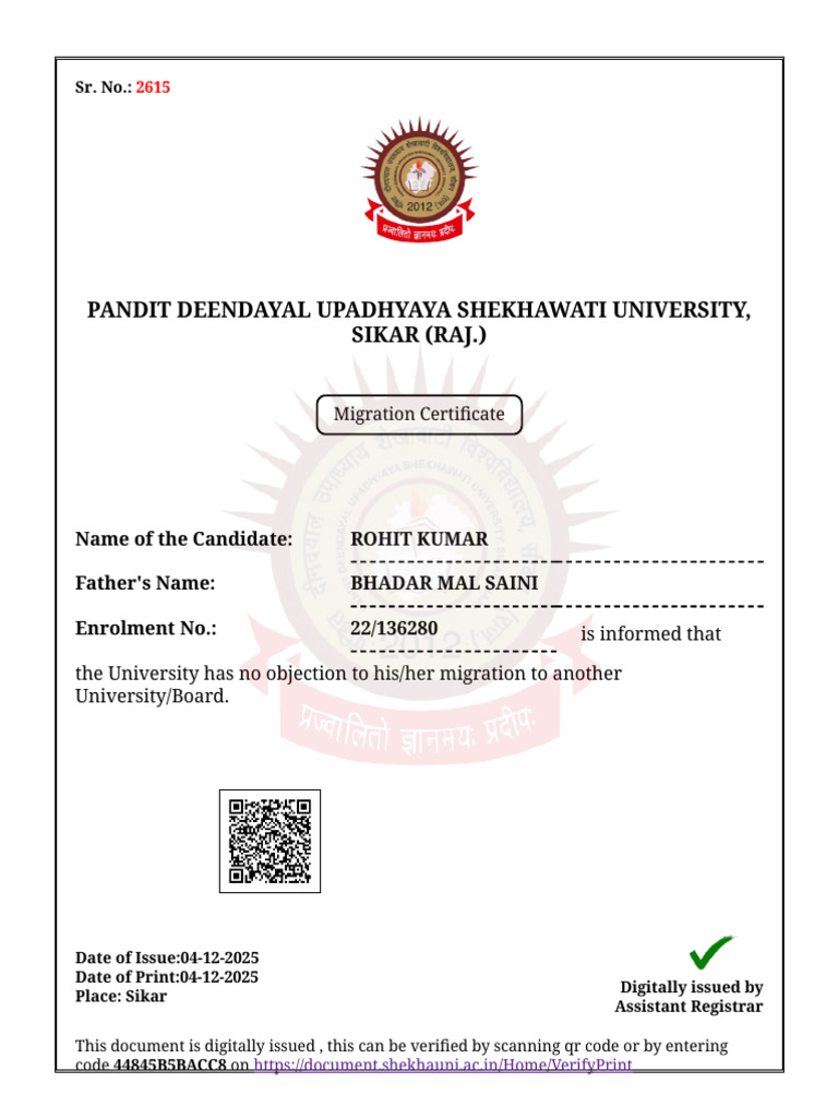 Migration Certificate for Rohit Kumar | PDF