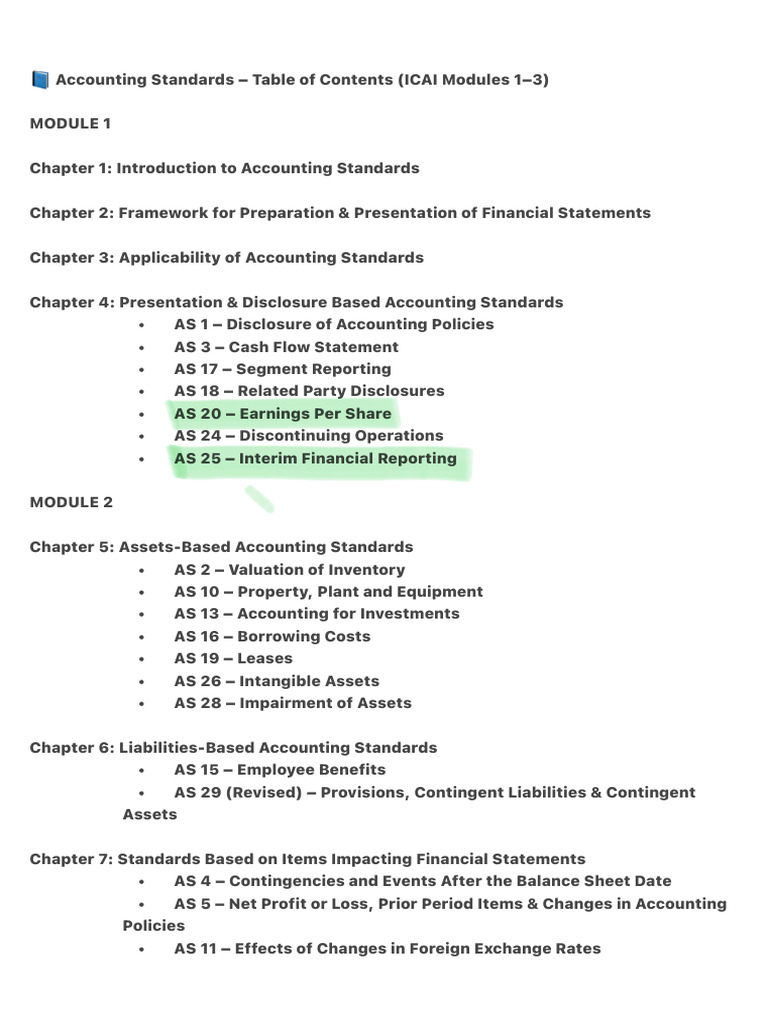? Accounting Standards - Table of Contents (ICAI Modules 1-3) | PDF ...