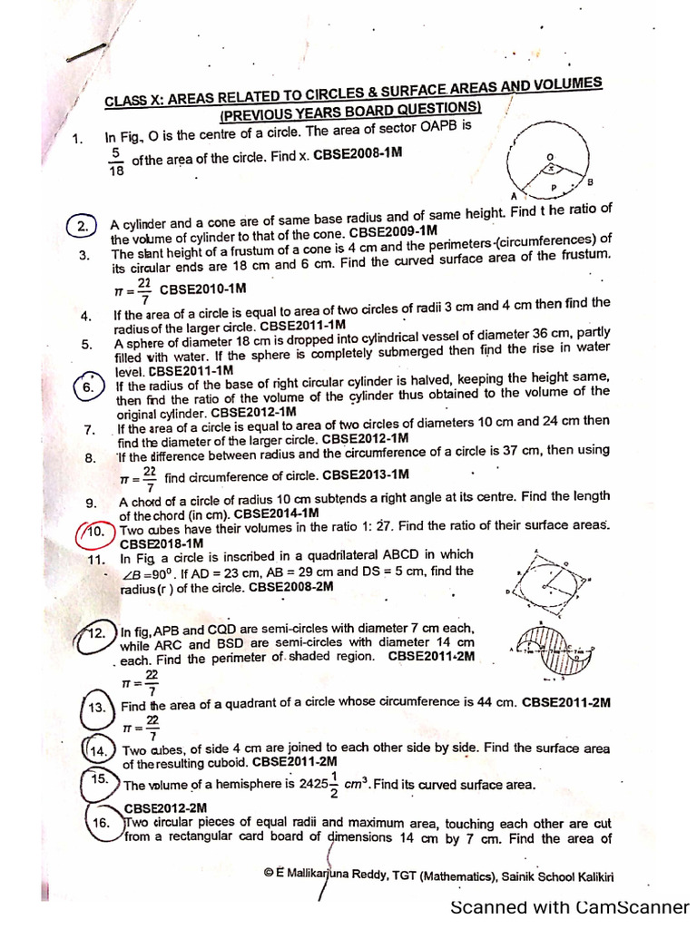 Volume Surface Question Bank - Sainik | PDF