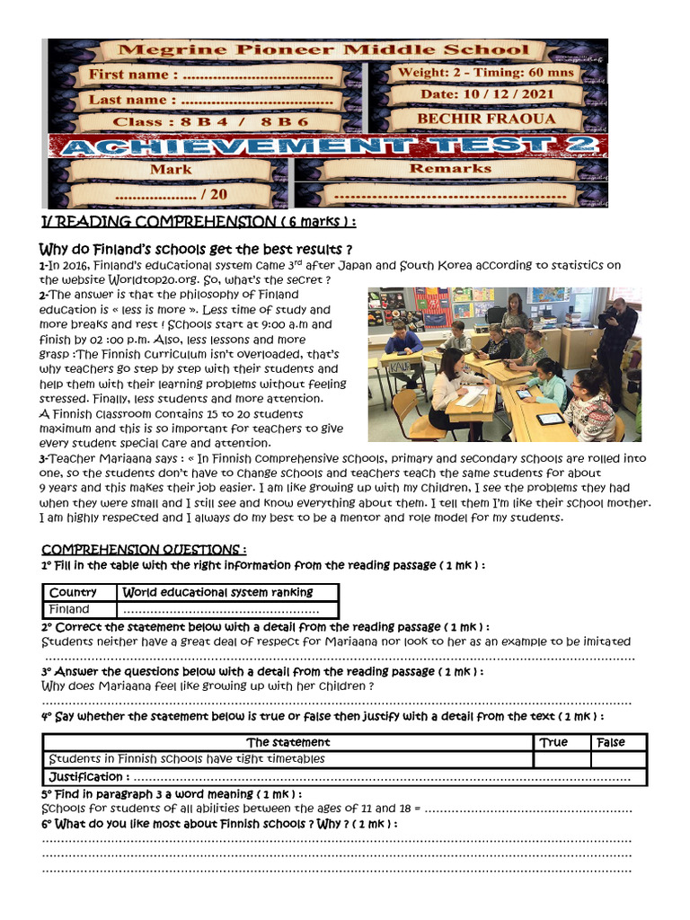 Devoir de Synthèse N°1 Collège pilote - Anglais - 8ème (2021-2022) Mr ...