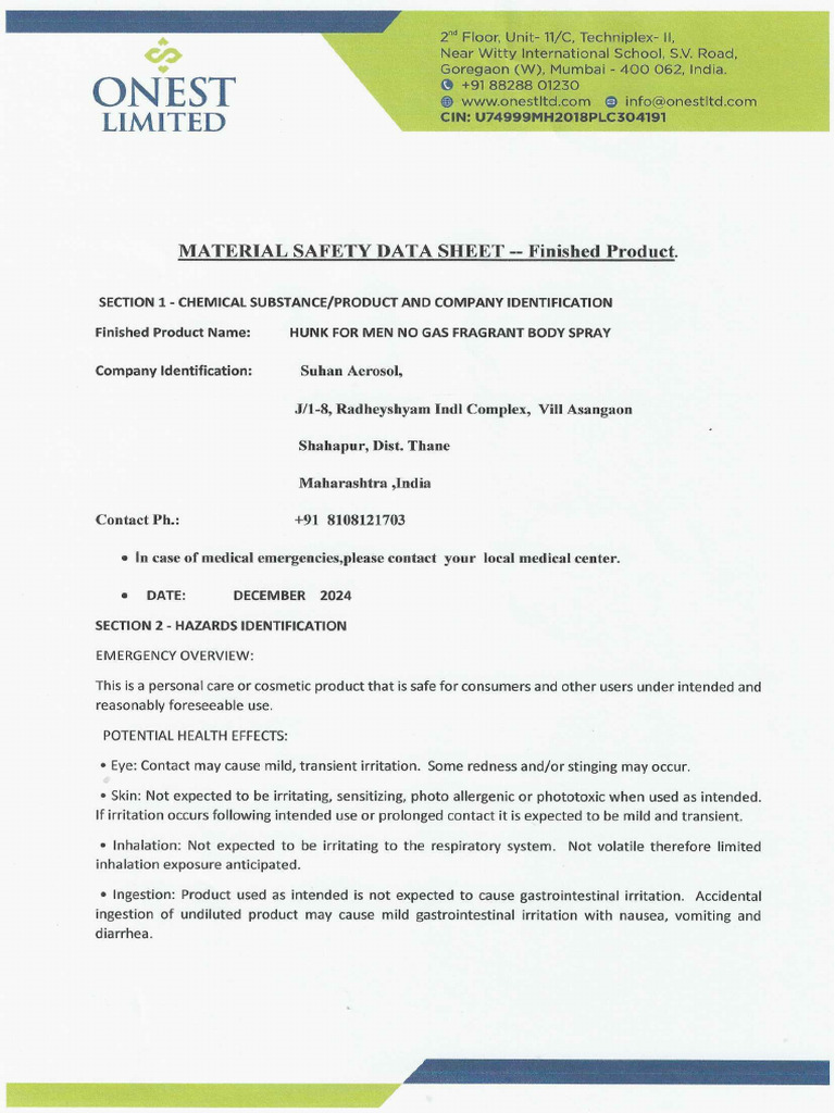 MSDS of Hunk For No Gas Fragrant Body Spray - 120 ML | PDF