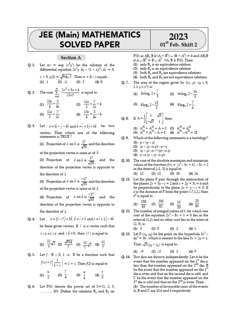JEE Mains Mathematics 2023 1-Feb-Shift 2 | PDF | Mathematical Concepts ...