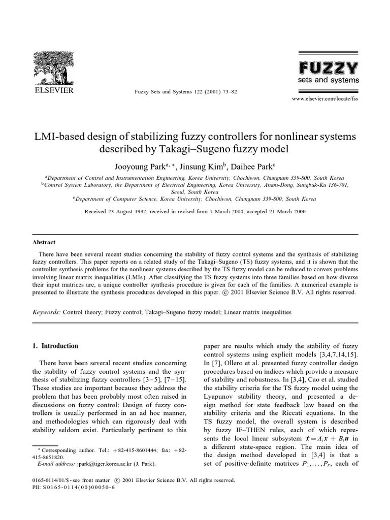 LMI-based Design of Stabilizing Fuzzy Controllers For Nonlinear Systems ...